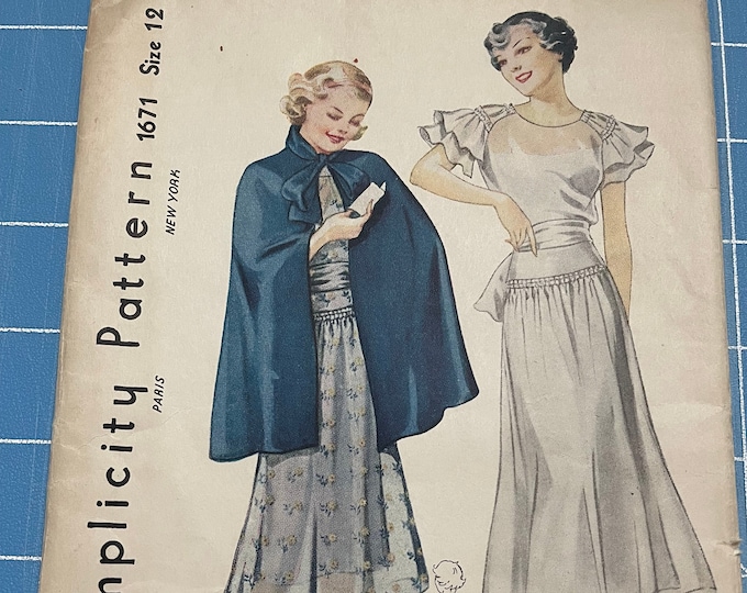 Simplicity Original 1930's Misses Dress & Cape Sewing Pattern#1671 ...