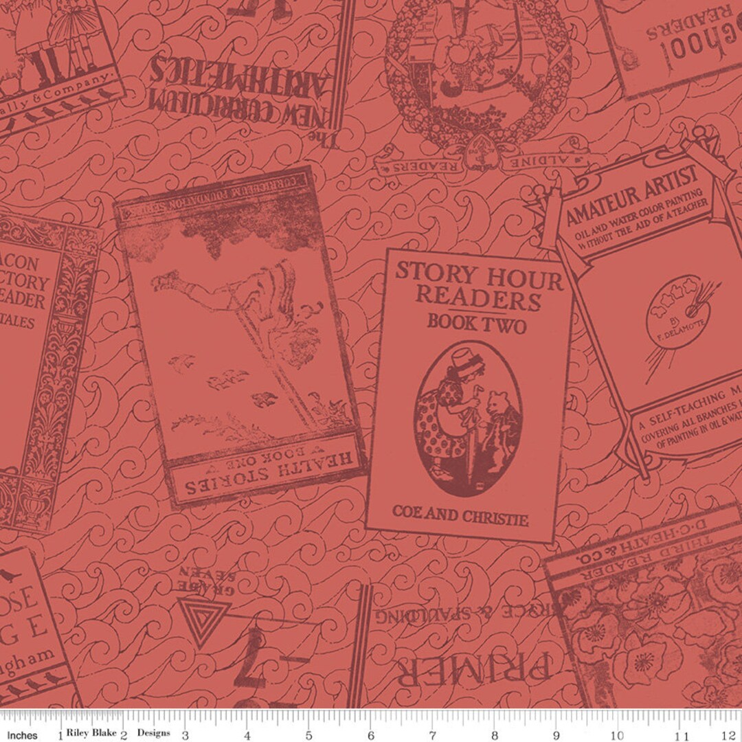 Old School- Bookworm Print Fabric on a Red Background by J Wecker ...