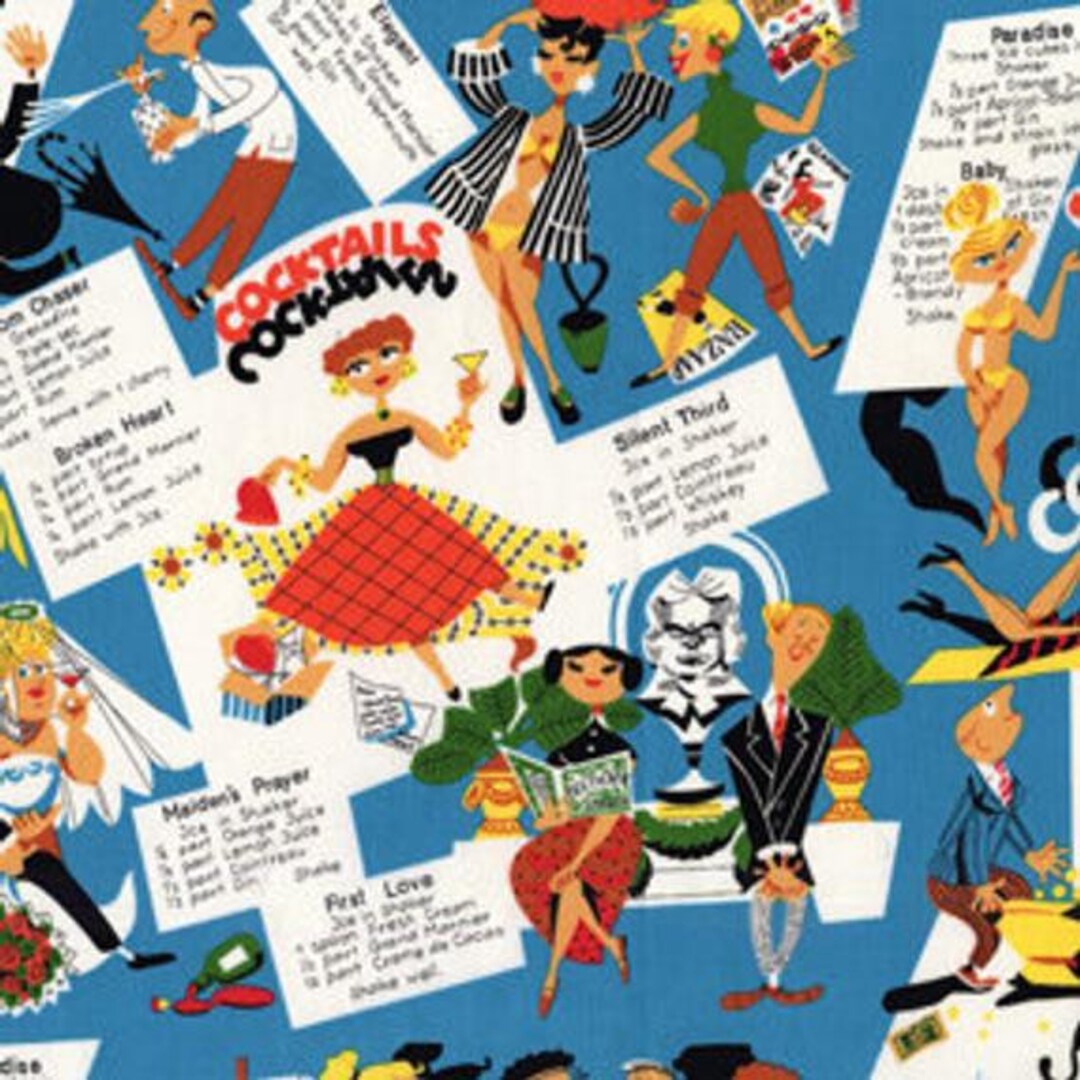 Kitschy Cocktails Lite Blue Background by Michael Miller/ - Etsy