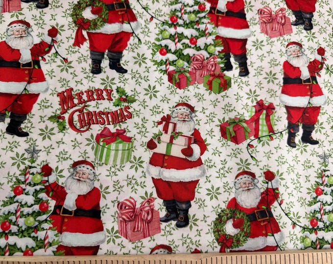 Vintage Christmas - Santa Main on White Background Print Fabric by ...