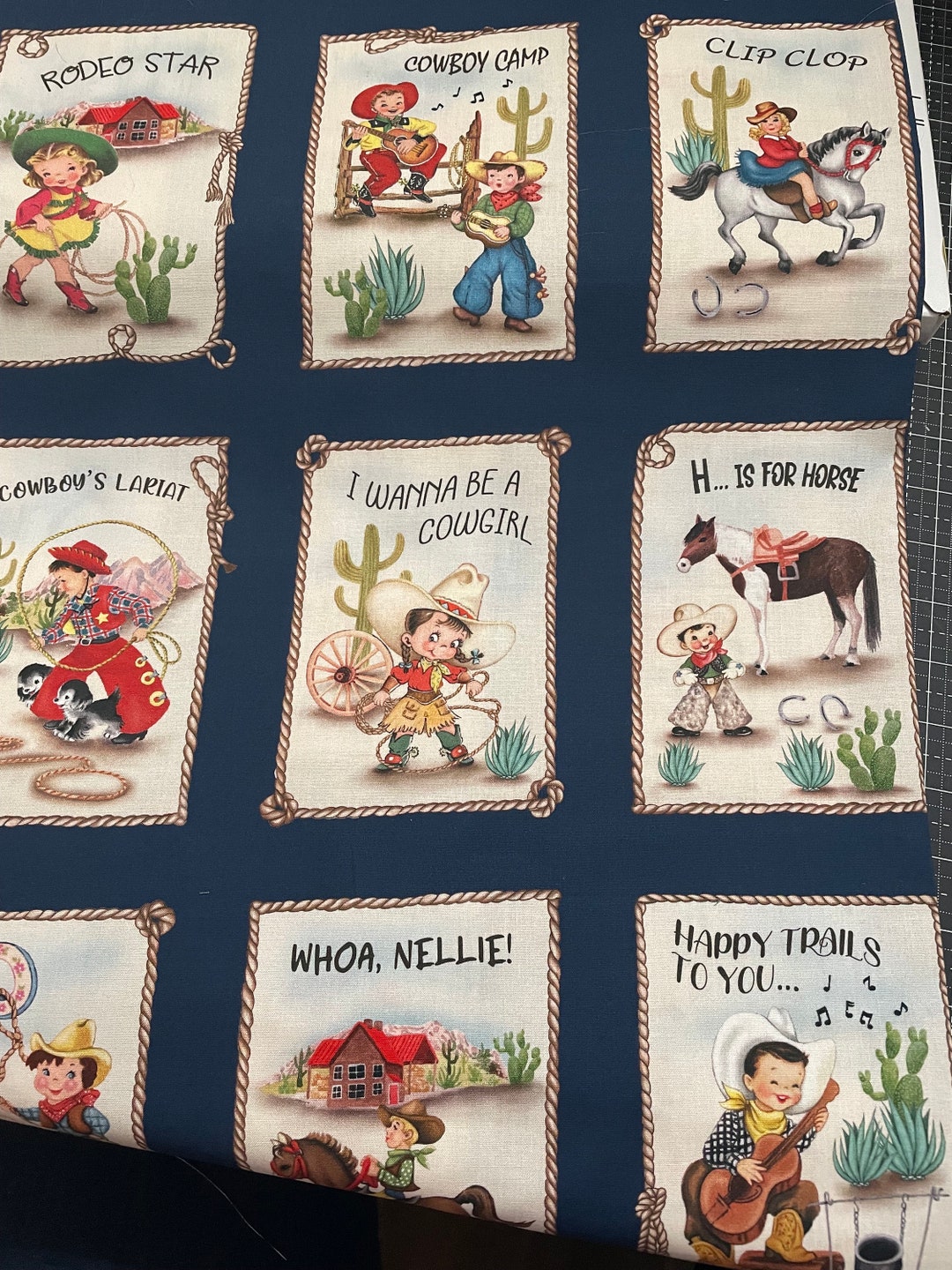 Happy Trails Lil Cowhands Cowboy Block Print, on a Navy Background by ...