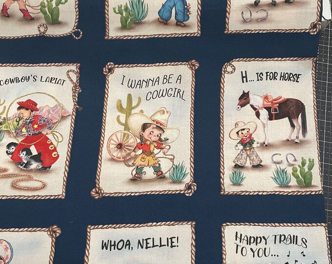 Happy Trails - Lil Cowhands Cowboy Block Print, on a Navy Background by ...