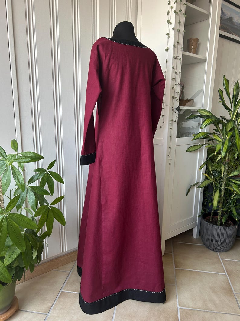 Hand Embroidered Viking Linen Dress: Dark Red & Black Norse Kirtle - Etsy