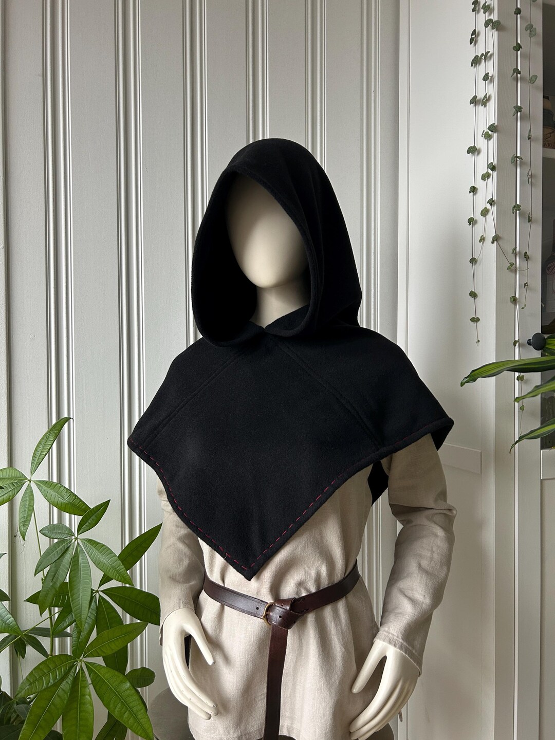 Black Skjoldehamn Viking Woolen Hood, UNLINED, Dark Red Embroidery ...