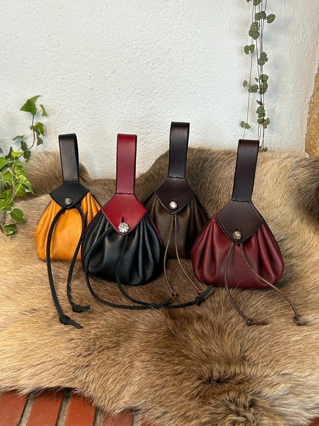 Leather Medieval Pouch – Leather Bag, Celtic, Drawstring, Bronze/pewter ...