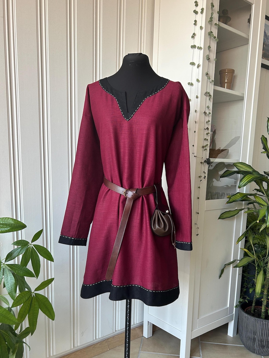 Dark Red & Black Viking Linen Tunic, With Hand Embroidery — Kirtle ...