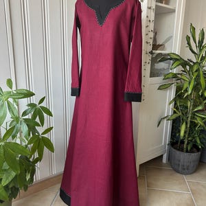 Dark Red & Black Viking Linen Dress — With White Edge HAND EMBROIDERY ...