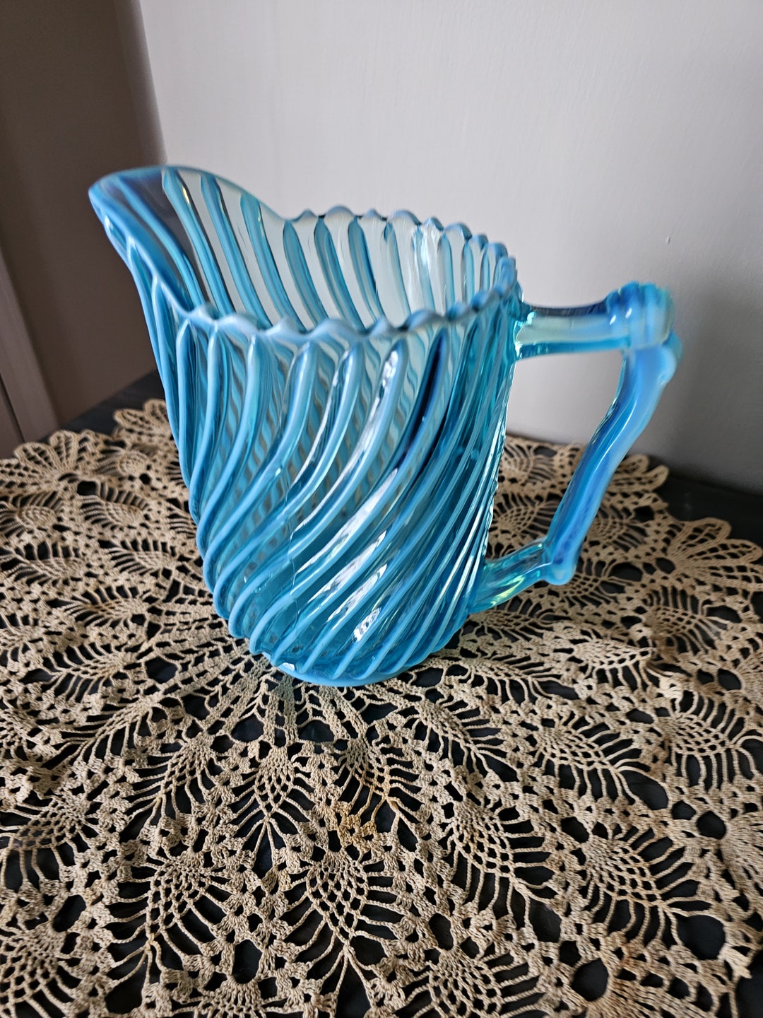 Vintage Blue Opalescence Swirl Pitcher, Beatty Swirl Pitcher, Antique ...