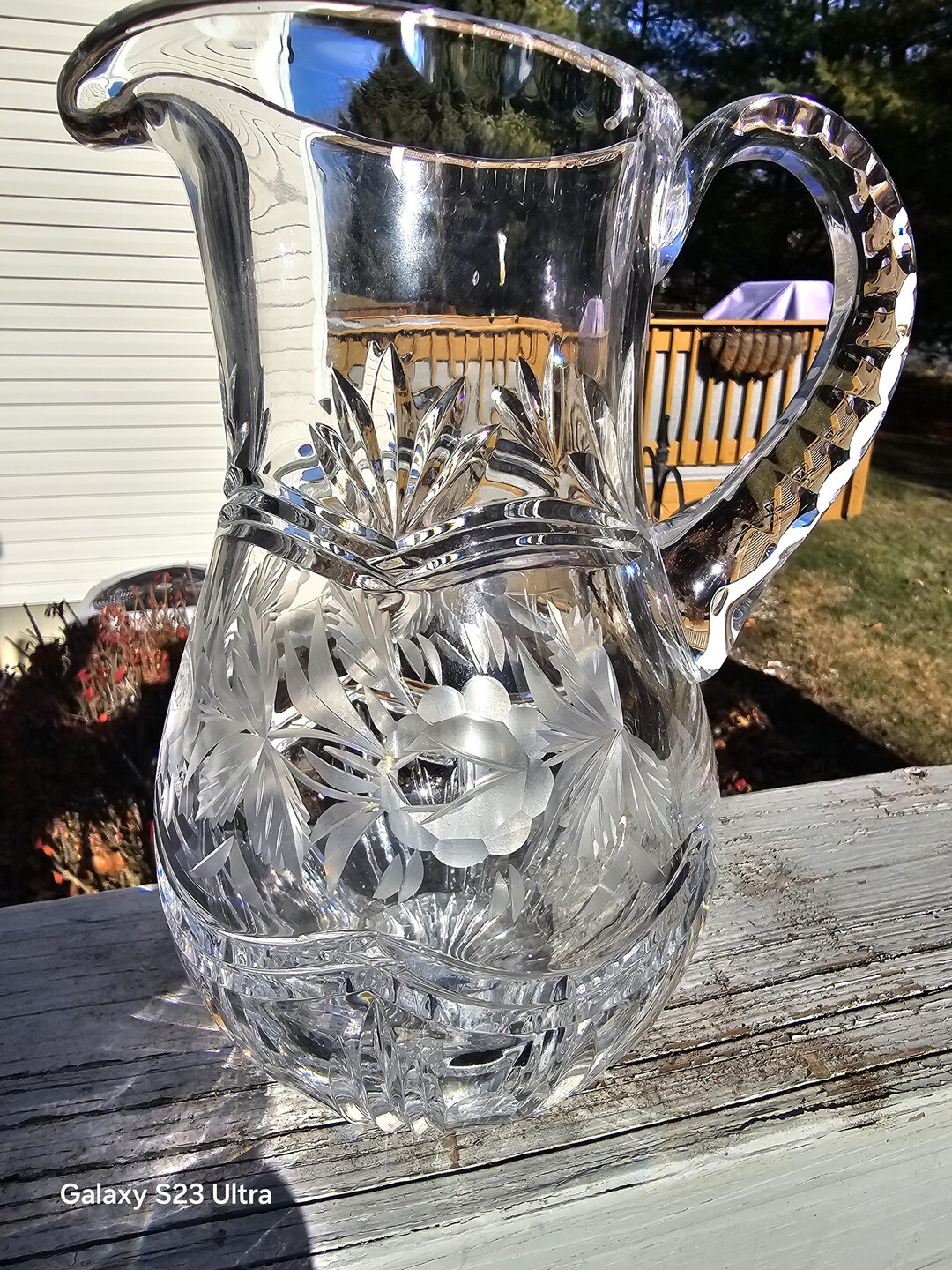 Vintage Leaded Crystal Cut Glass Pitcher With Etched Flower - Etsy