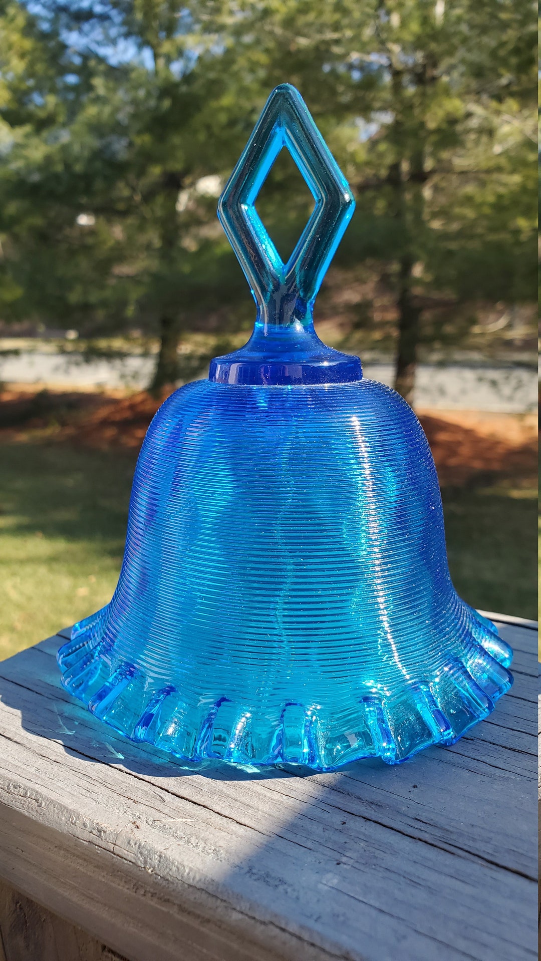 Fenton Colonial Blue Diamond Optic Bell, Fenton Ruffled Edged Bell ...