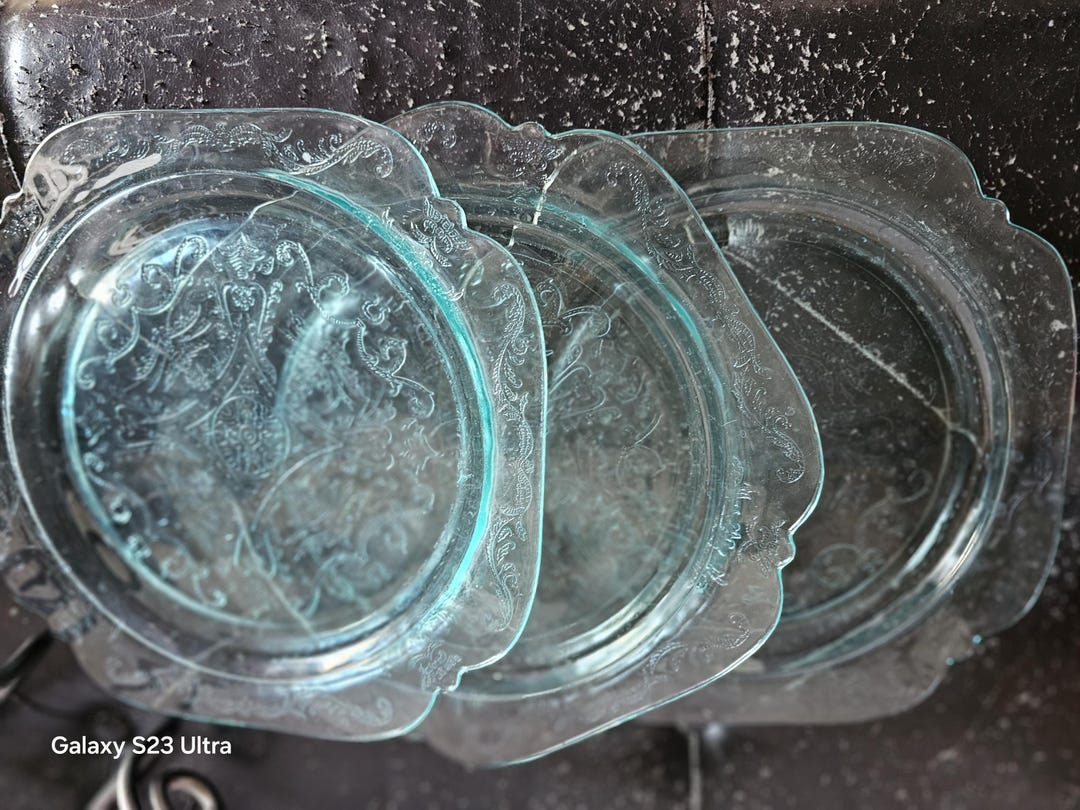 Set of 3 Teal Blue Vintage Dinner Plates , Madrid Pattern Indiana Glass ...