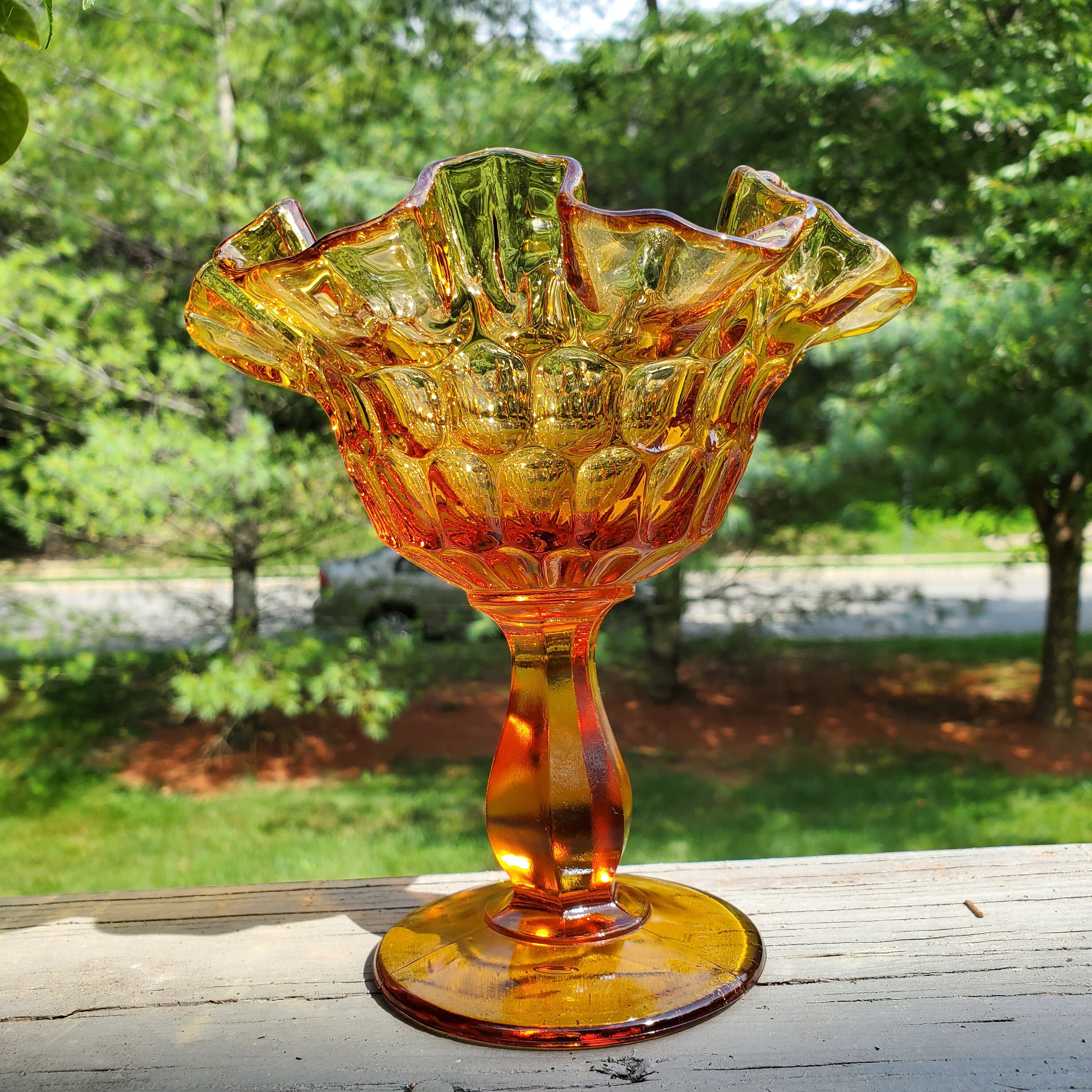 Home Décor 6 Fenton Amber Glass Compote Pedestal Bowl Ruffle Edge ...