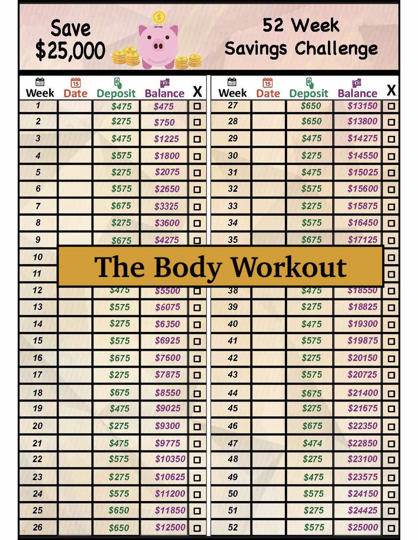 25,000 Savings Challenge, 52 Week Savings Tracker, Savings Challenge ...