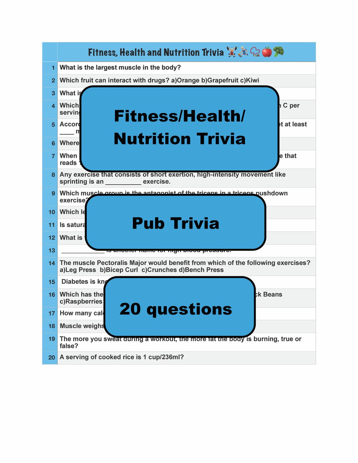 Fitness, Health and Nutrition Trivia, Fun and Games, Pub Trivia ...