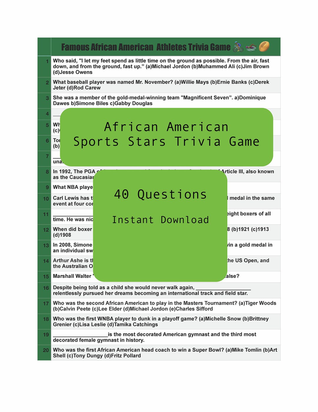 Black History Month Trivia, African American Sports Stars Trivia Game ...