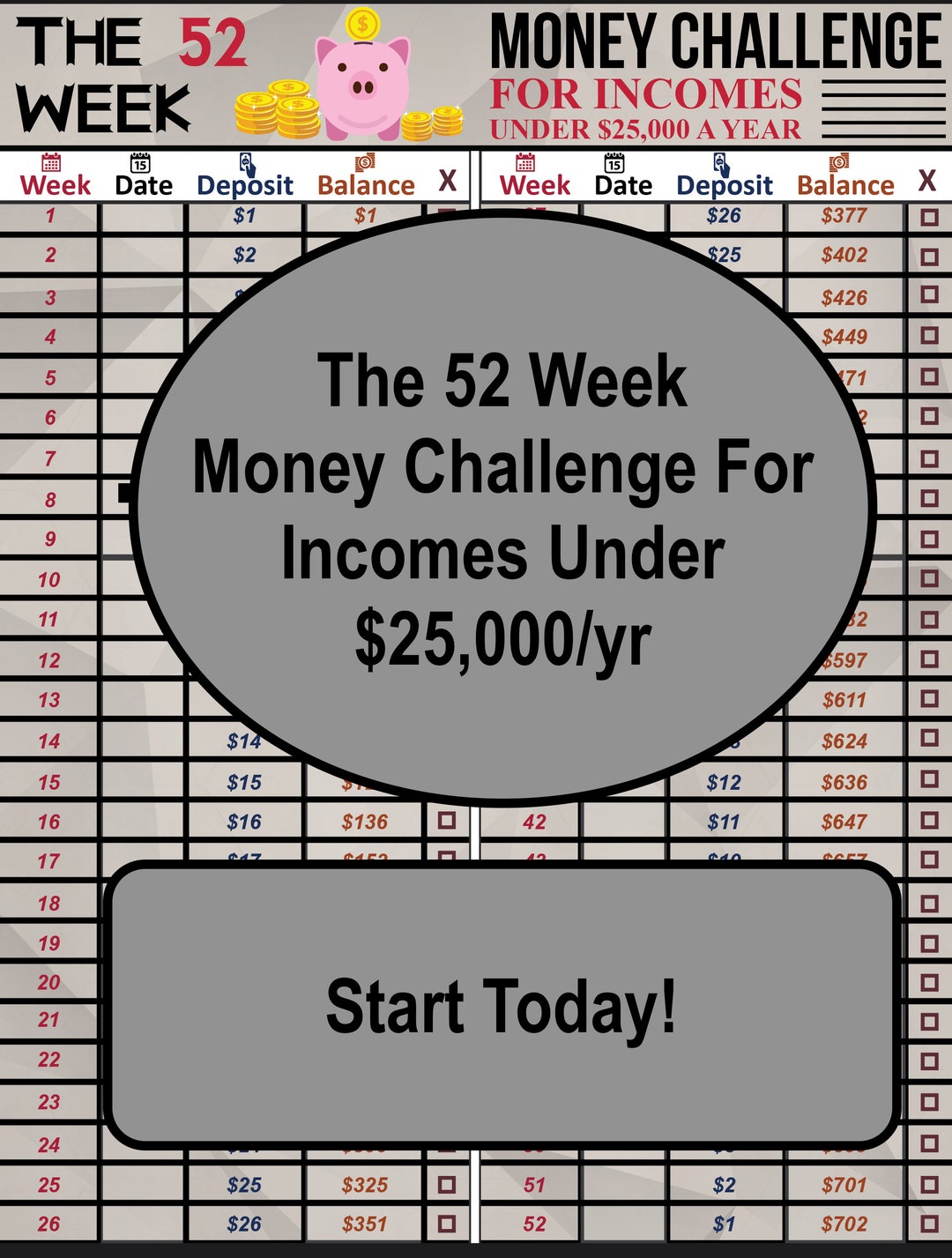 52 Week Money Challenge for Incomes Under 25,000 A Year, Savings ...