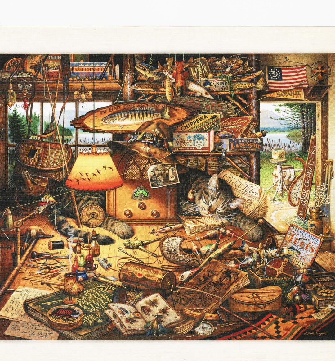 Primitive Cat Print Vintage Folk Art Cat Picture "cat in Adirondacks ...