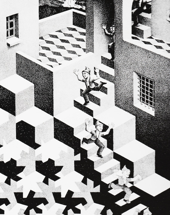 Escher Relativity Art Print Vintage MC Escher Drawing Optical Illusion Modern Wall Art Fantasy Print Office Wall Art Cycle 32