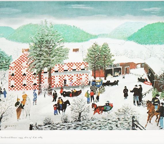 Grandma Moses Folk Art Rural Landscape checkered House - Etsy