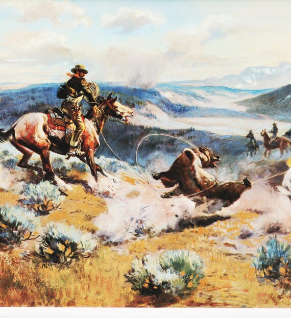 Vintage Western Portraits Cowboy On Horse Vintage Painting