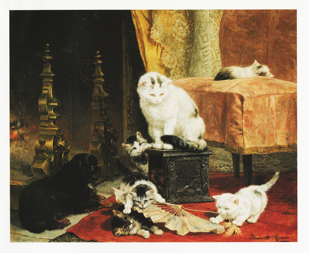 Vintage Cat Art From Cat Painting for Cat Lover Gift "cats With Fan ...