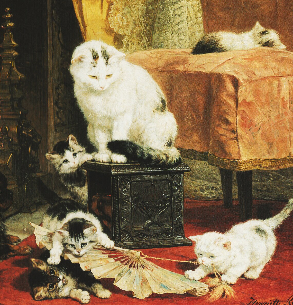 Vintage Cat Art From Cat Painting for Cat Lover Gift "cats With Fan ...