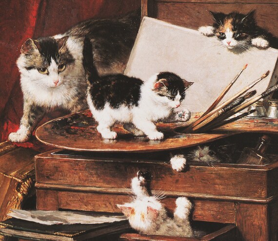 Cats Playing on Easel Cat Lady Gift Vintage Cat art for the Cat Mom Cat ...