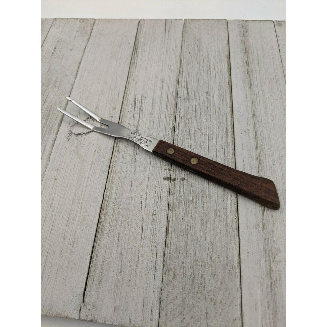 2 Prong Tine Meat Serving Fork Wood 7 1/2" Stainless Steel Bank ...