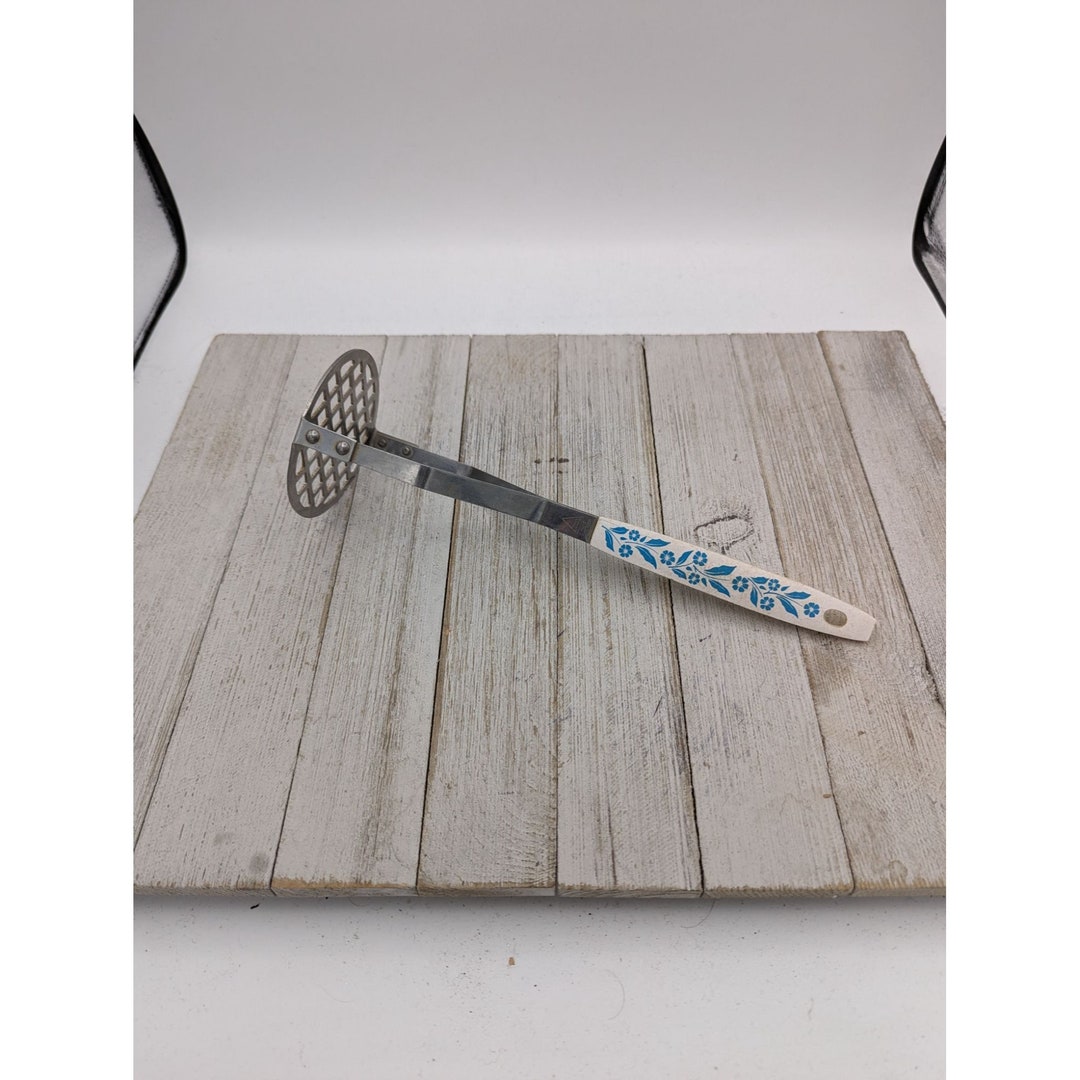 Vintage Household Potato Masher Blue Cornflower Handle 10" Stainless ...
