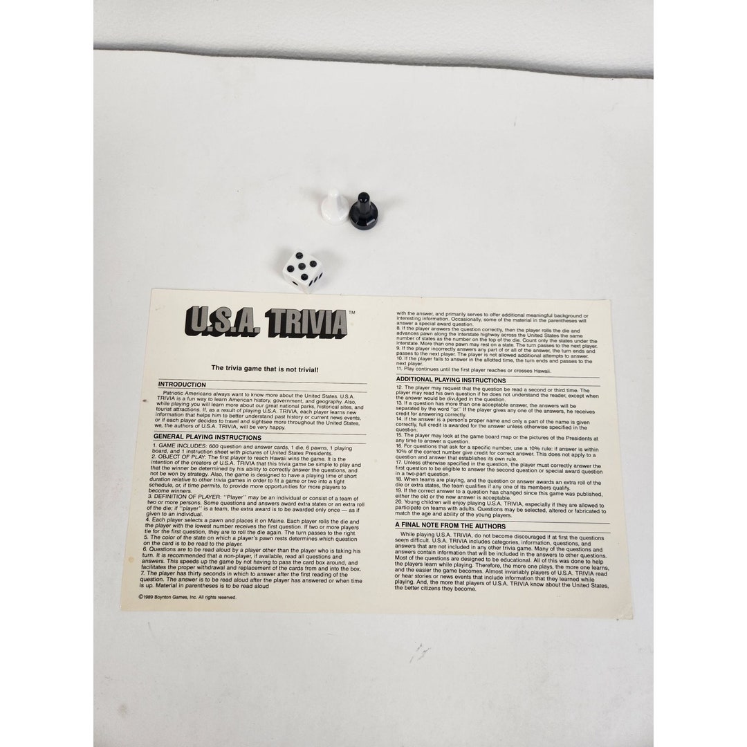 Vintage 1989 USA Trivia Game Replacement Piece Part Dice Instructions 2 ...