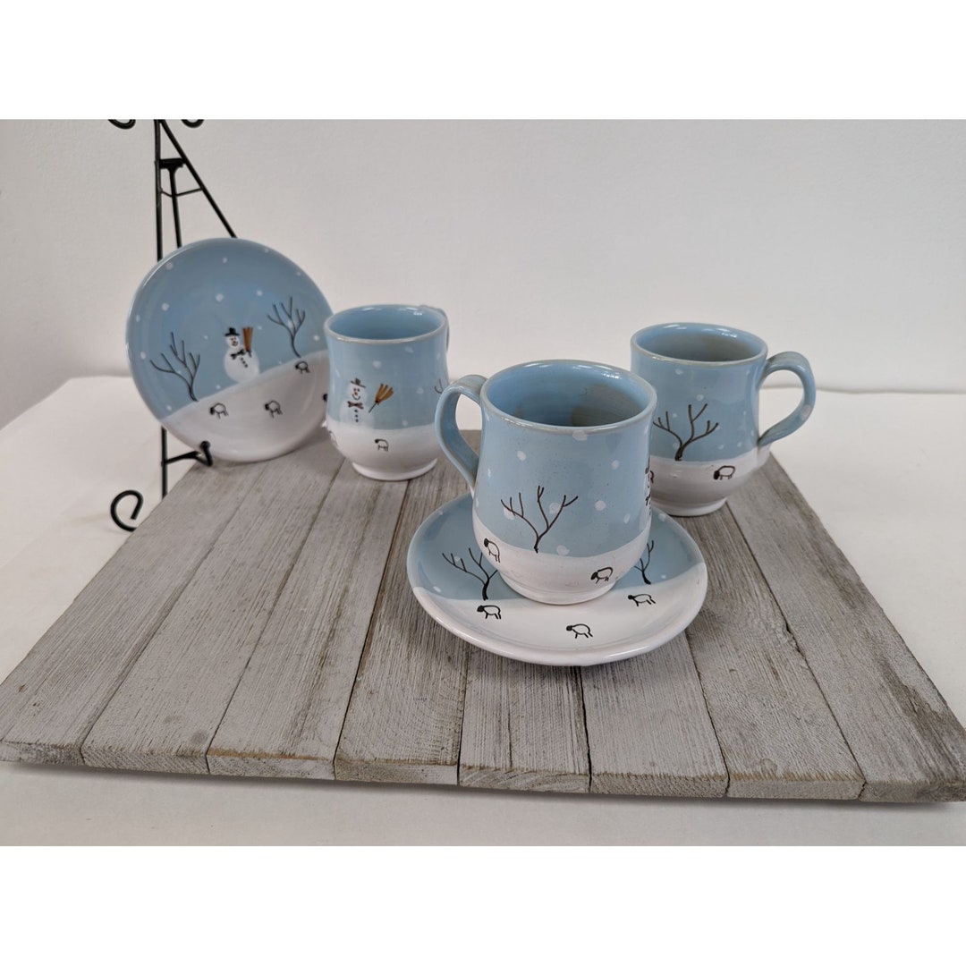 Grottaglie Ceramic Pottery Dinnerware Snowman Set of 3 Cups Saucers ...