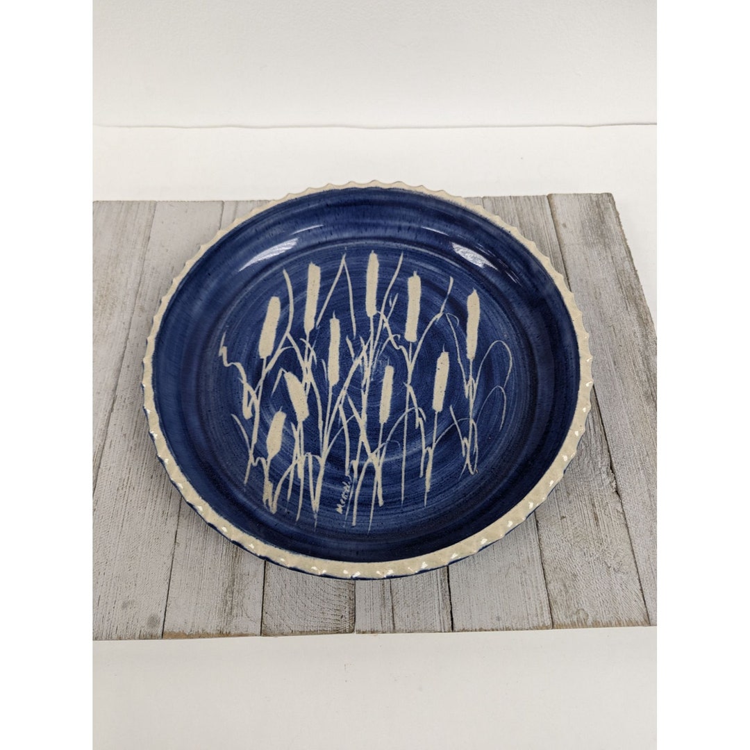 Johnson Deep Dish 10 3/8 Pie Plate Dish Pottery Blue Cattails Signed ...
