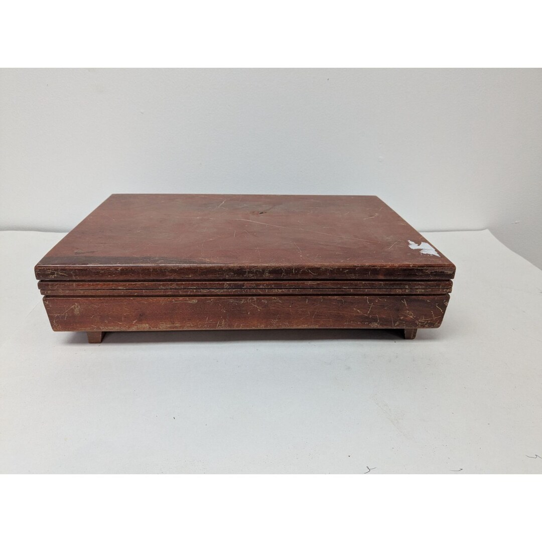 Vintage Wooden Silverware Flatware Chest Box Brown W Red Felt 16X11X4 ...