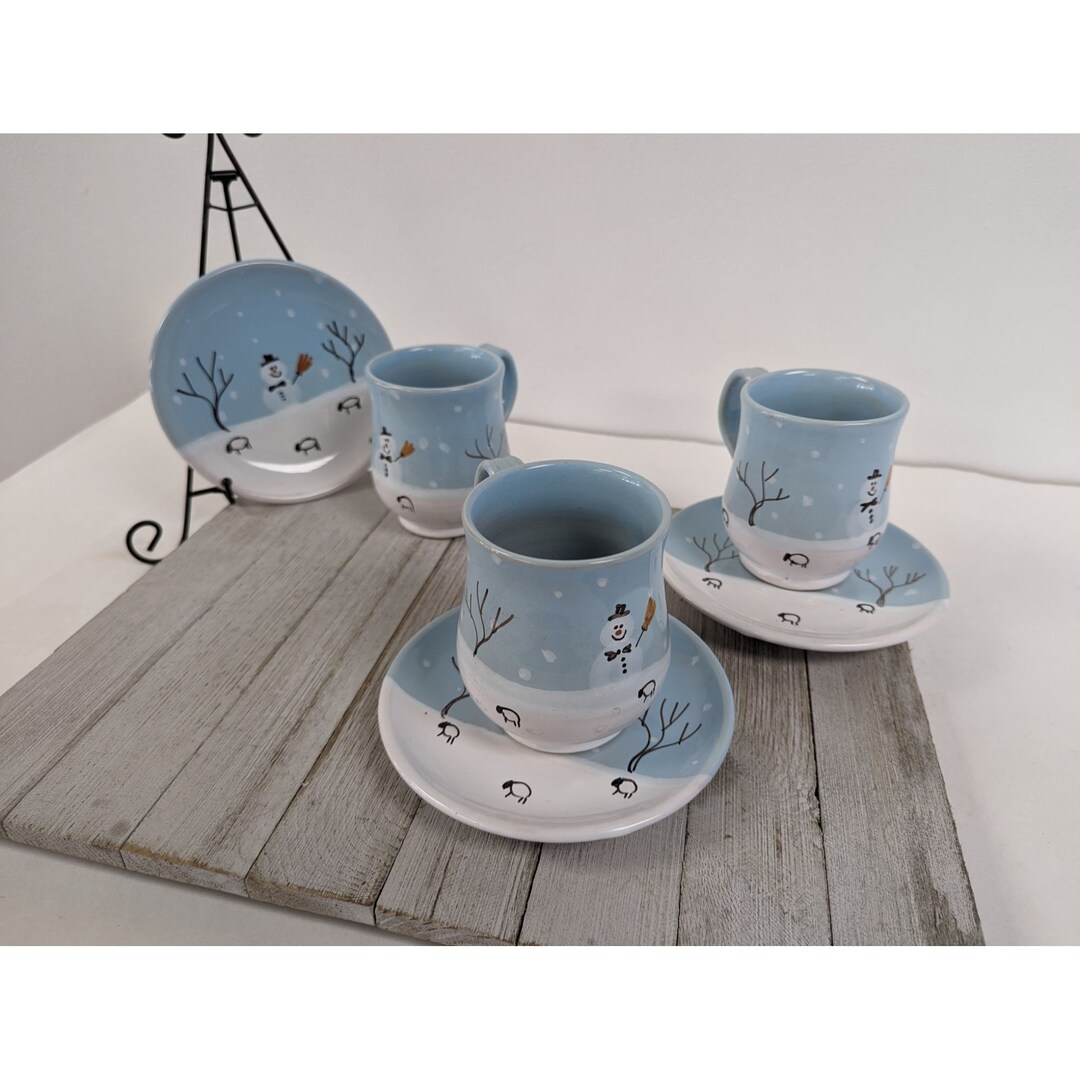 Grottaglie Ceramic Pottery Dinnerware Snowman Set of 3 Cups Saucers ...