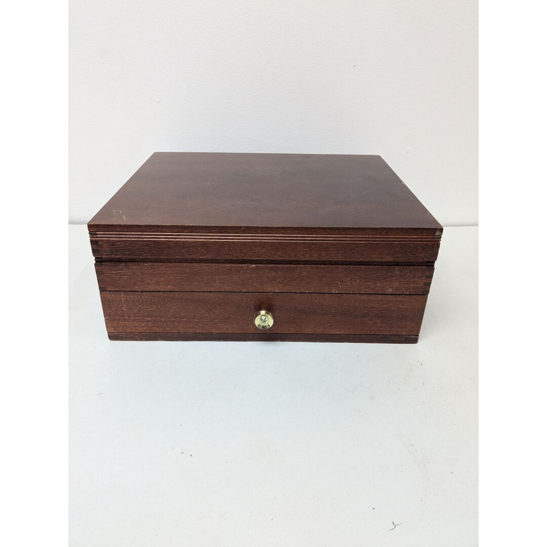 Vintage Wooden Silverware Flatware Chest Box W Drawer Blue Felt 13X11X5 ...