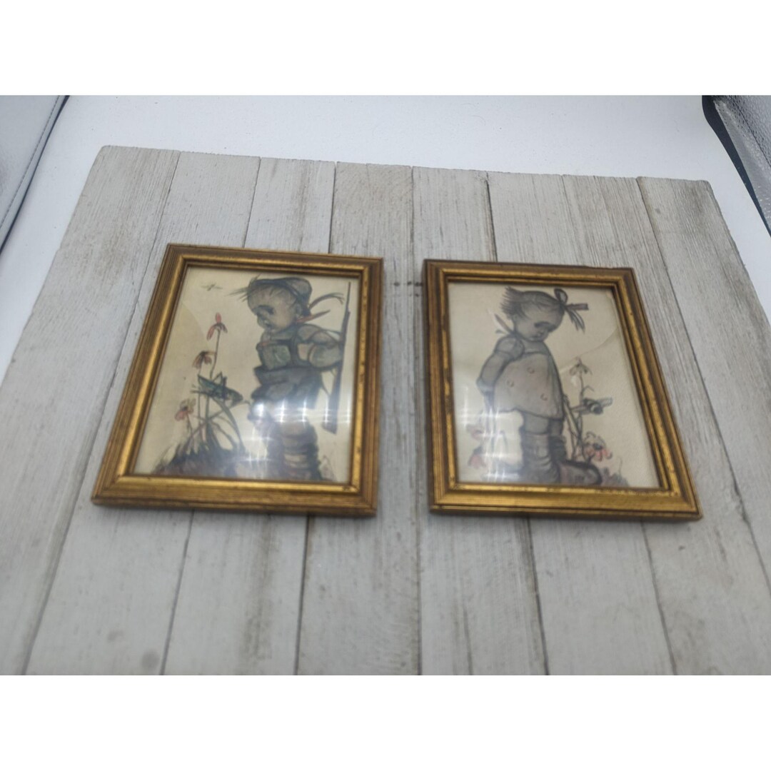 Vintage Frames Prints 5.5X4.5 Boy Hunting and Girl Flowers Nostalgic ...