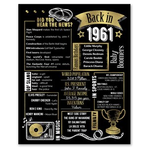 Back in 1961 Gold Poster / Printable / 63rd Birthday Party Decoration ...