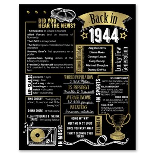 Back in 1944 Gold Poster / Printable / 80th Birthday Party Decoration ...
