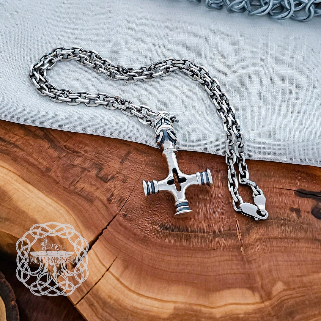 Sterling Silver Olaf Cross Mjolnir Pendant. Handmade Thor Hammer ...