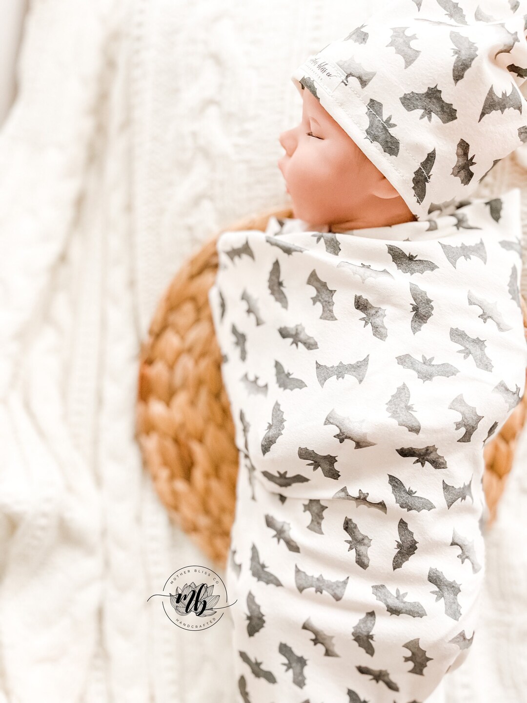 Organic Bat Watercolor Cute Swaddle Blanket + Knotted Beanie Hat ...