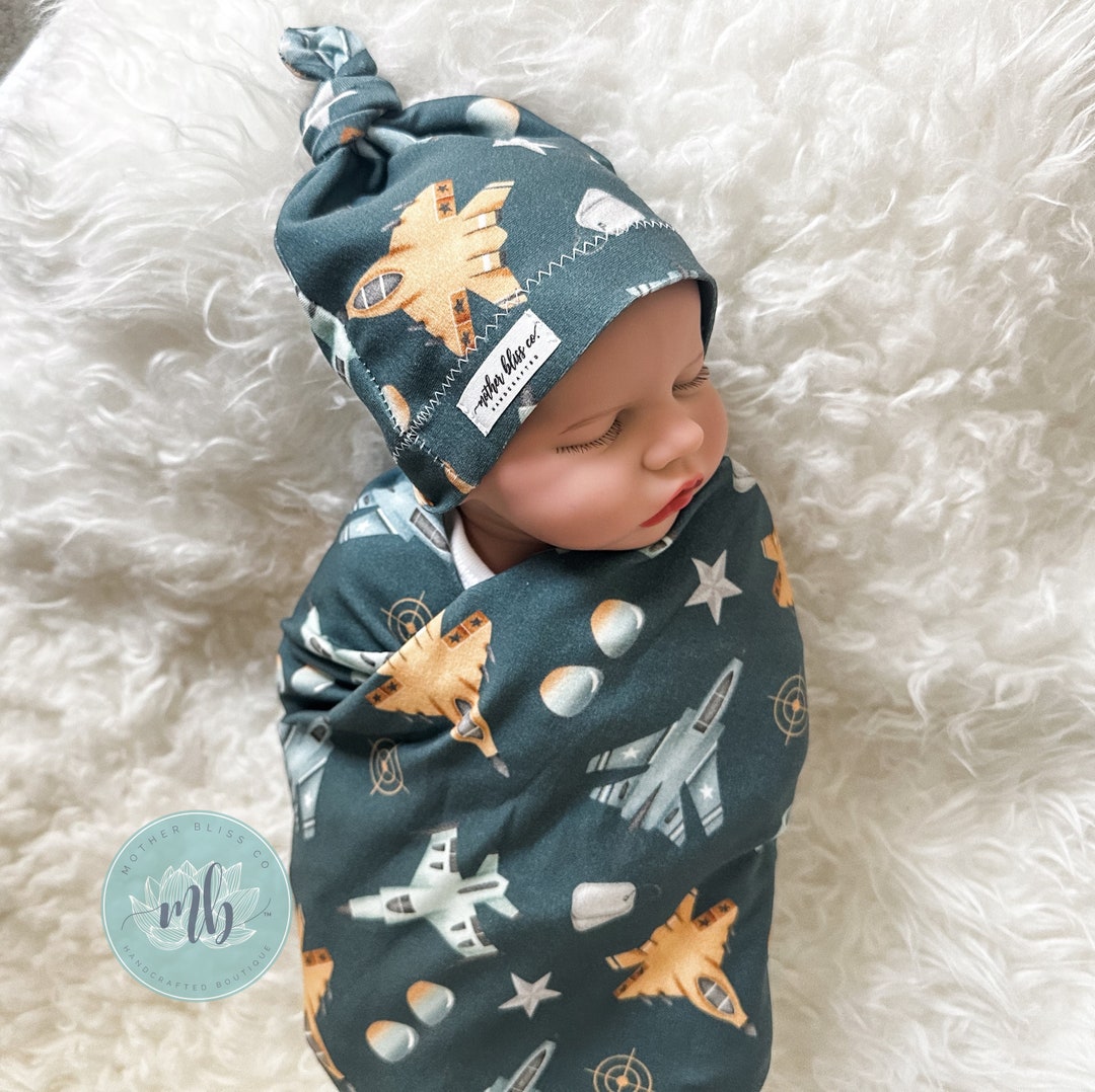 Wingman Jets + Planes Swaddle Blanket With Coordinating Knotted Hat ...