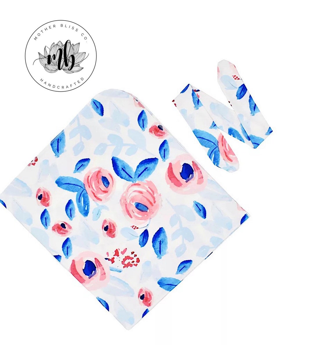 White Blue and Pink Floral Baby Swaddle Set | Newborn Photo Prop ...