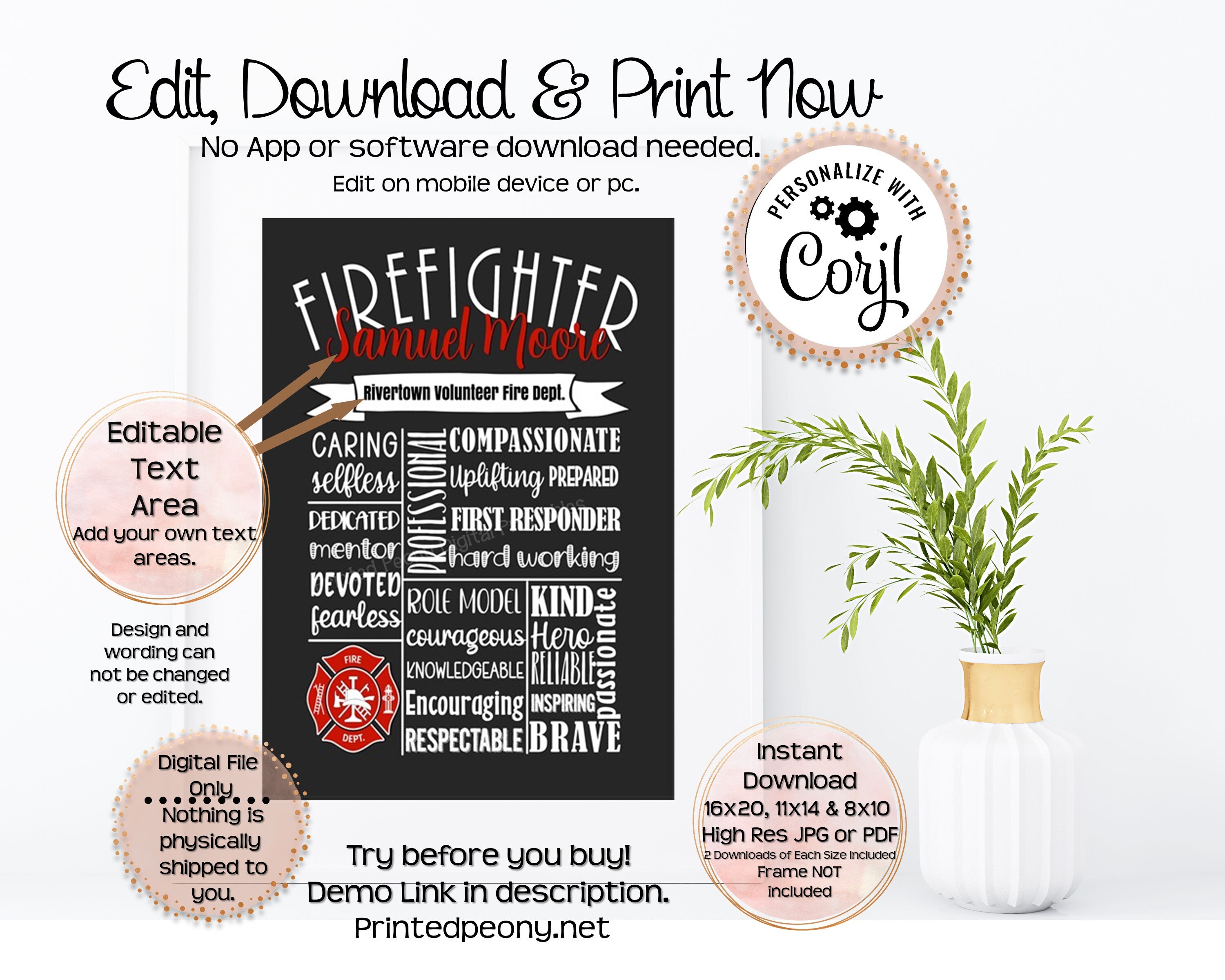 Personalized Printable Firefighter Wall Art Chalkboard Gift - Etsy