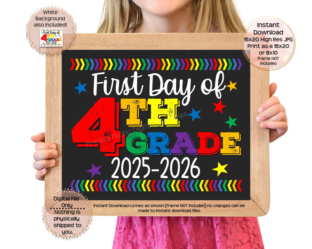 First Day of Fourth Grade Printable Sign First Day of School Sign 4th ...