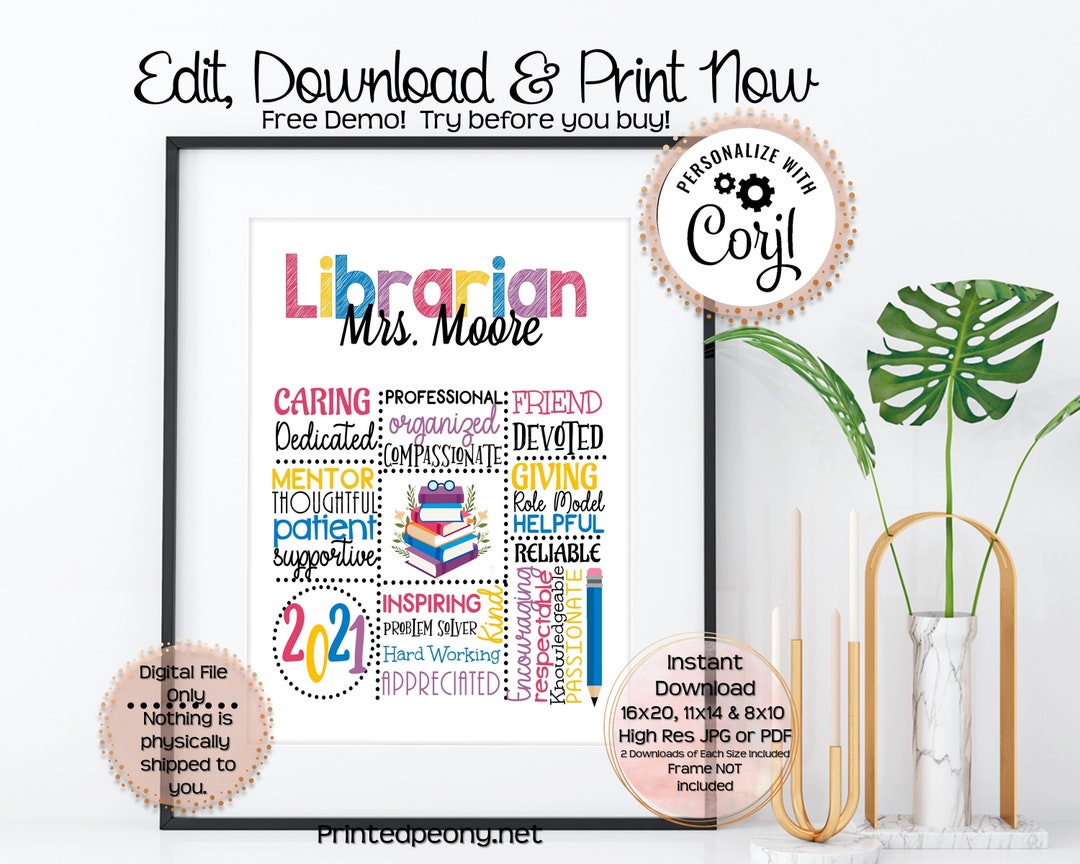 Personalized Printable Librarian Gift School Librarian Gift for ...