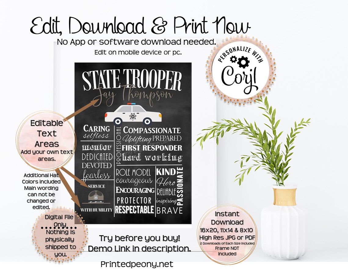 Personalized Printable State Trooper Wall Art Gift for Trooper Law ...