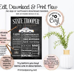 Personalized Printable State Trooper Wall Art Gift for Trooper Law ...