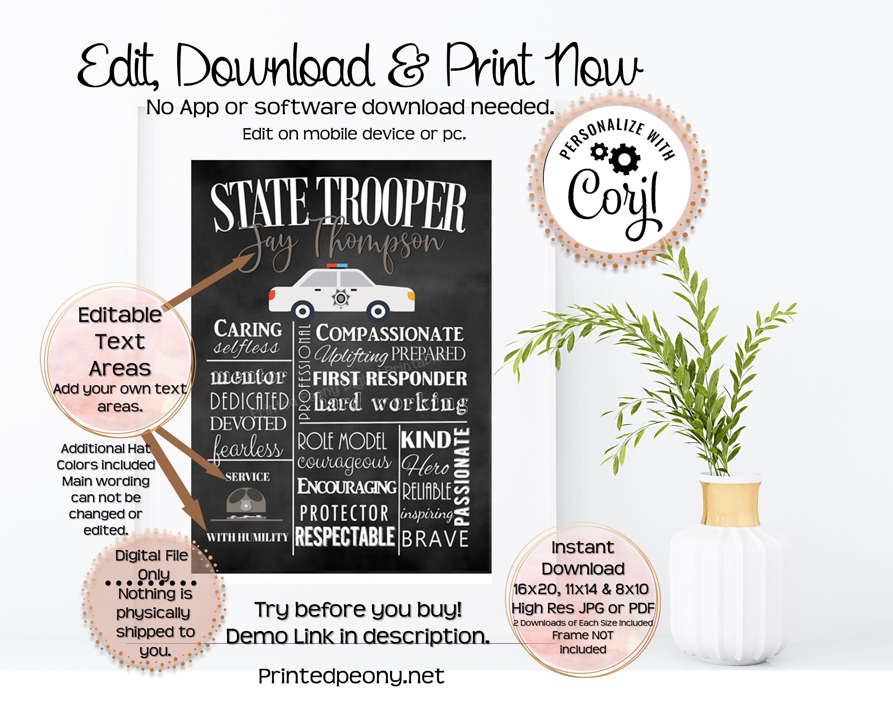 Personalized Printable State Trooper Wall Art Gift for Trooper - Etsy