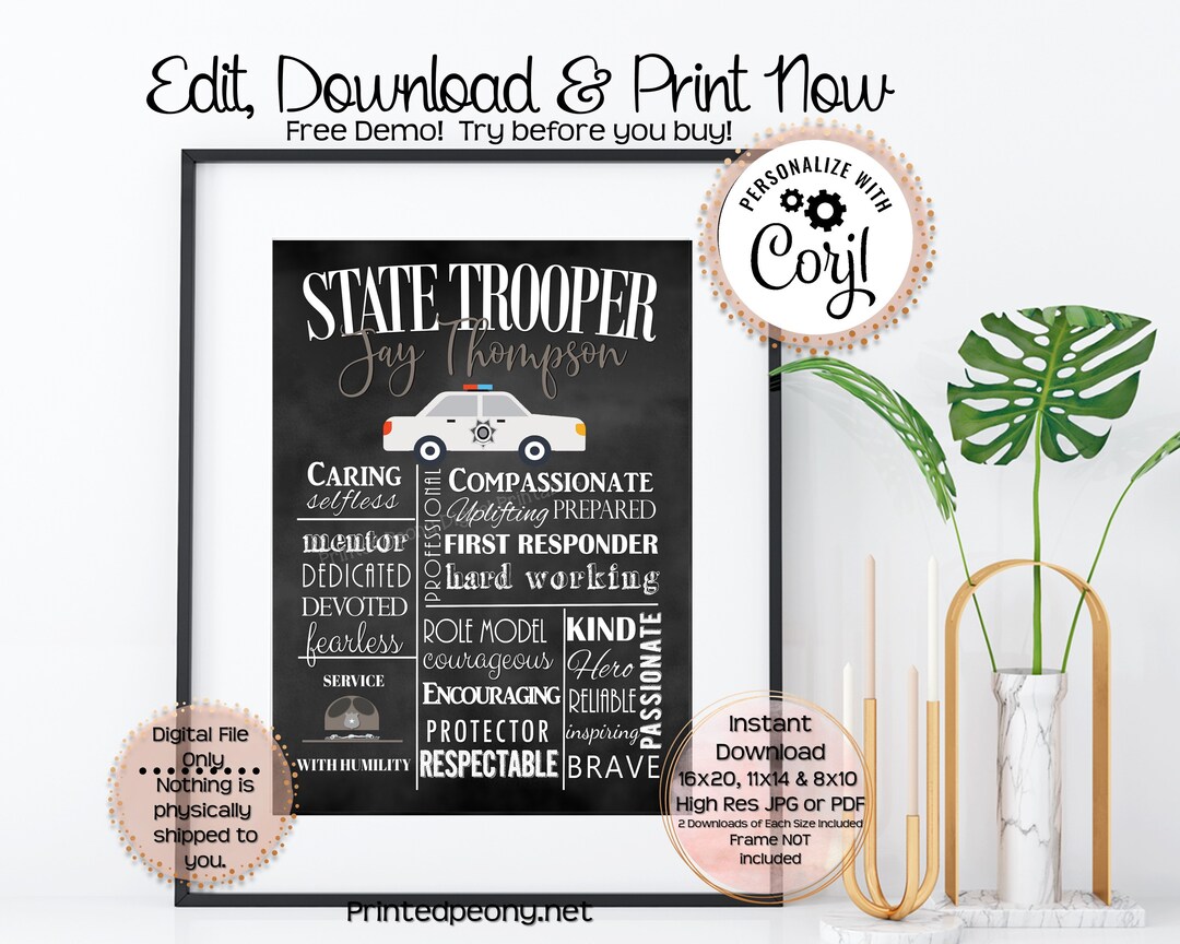 Personalized Printable State Trooper Wall Art Gift for Trooper Law ...