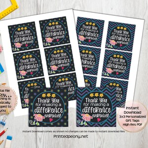 Thank You for Making a Difference Gift Tags Teacher Thank You Gift ...